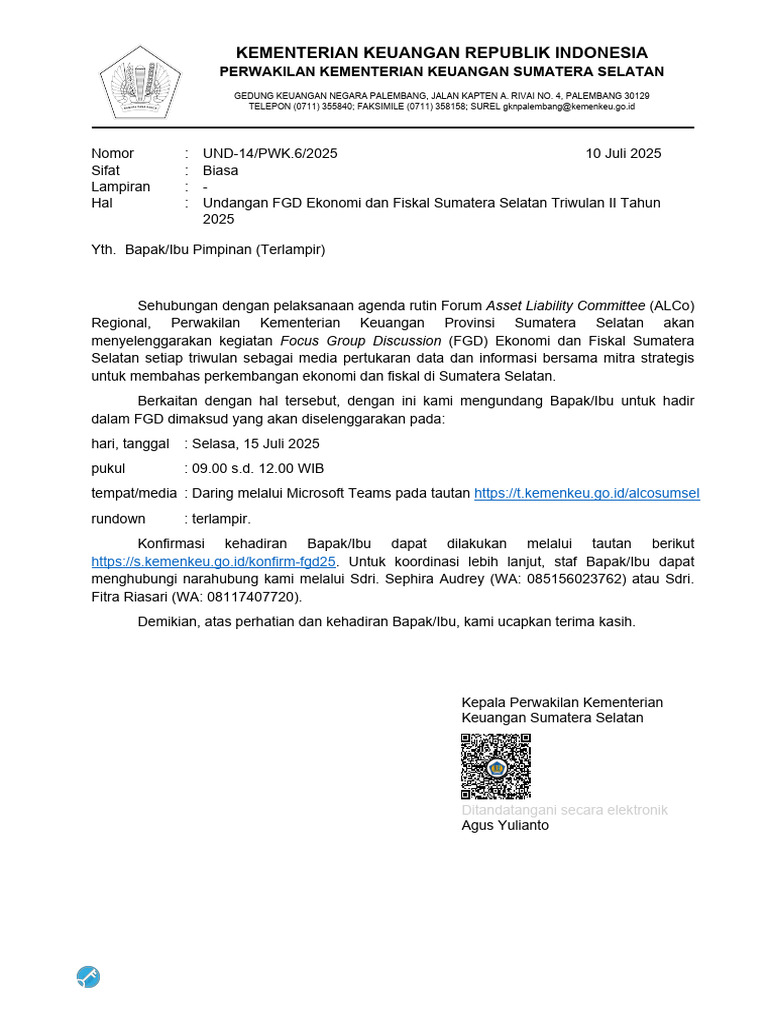 Undangan FGD Ekonomi Sumsel 2025 | PDF