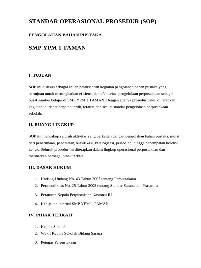 SOP Pengolahan Bahan Pustaka SMP YPM 1 TAMAN | PDF