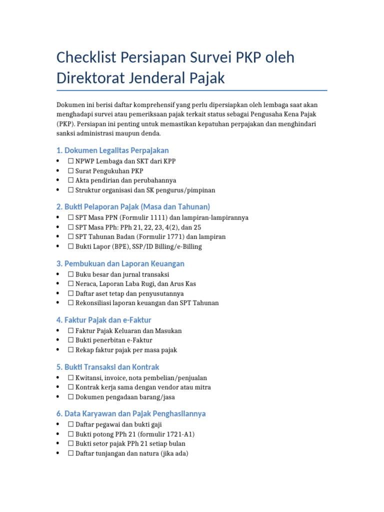 Checklist Persiapan Survei PKP Pajak | PDF