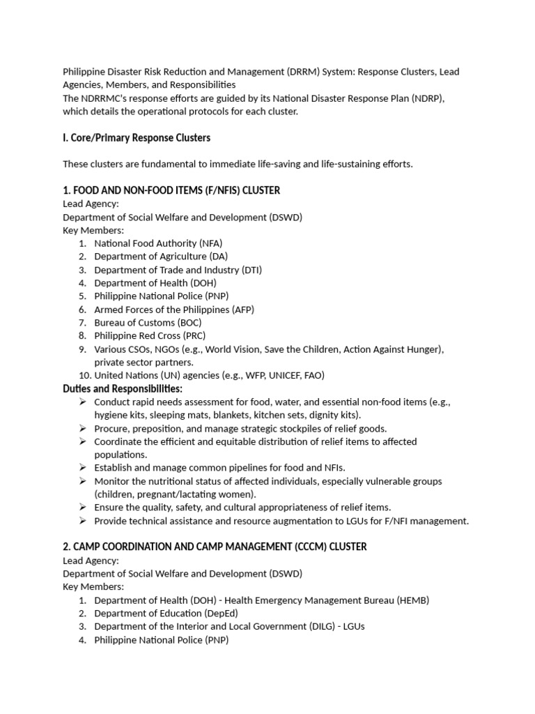 NDRRMC Response Clusters Overview | PDF | Internally Displaced Person ...