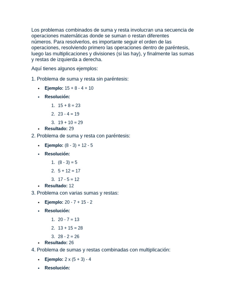 Los Problemas Combinados de Suma y Resta | PDF | Sustracción | Multiplicación