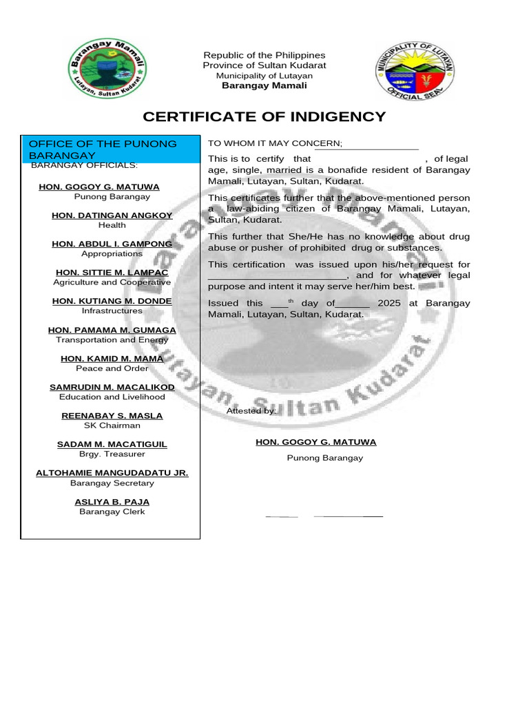 Barangay Indigency Certificate Template | PDF