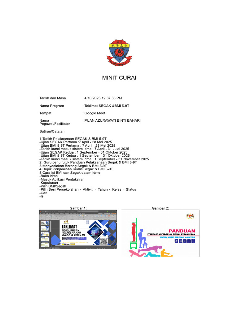 Minit Curai Taklimat SEGAK &BMI 5-9T | PDF