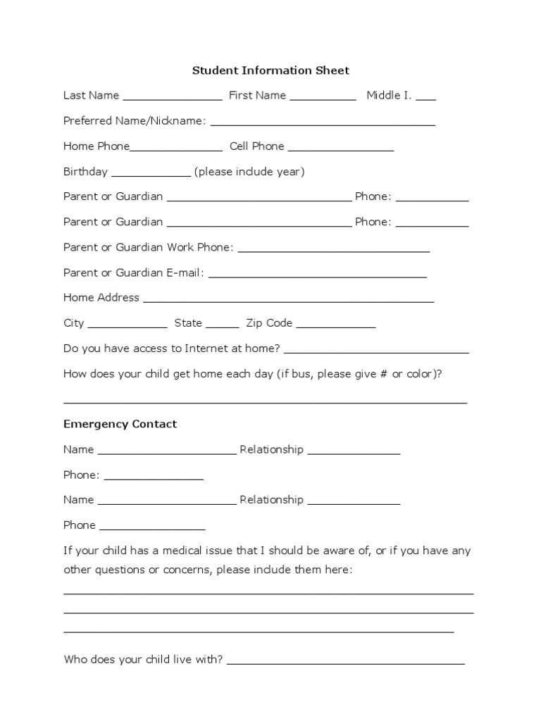 Student Information Sheet Template | PDF