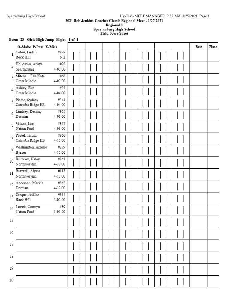 Regional 2 - Field Event Sheets 1 | PDF