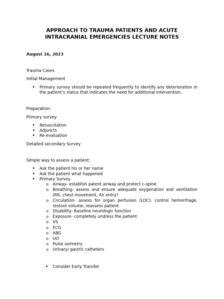 Approach To Trauma Patients and Acute Intracranial Emergencies Lecture ...