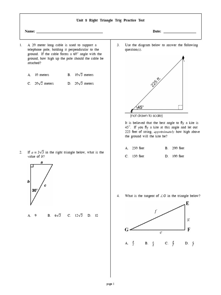 Right Triangle Trig Practice Test | PDF | Trigonometric Functions ...
