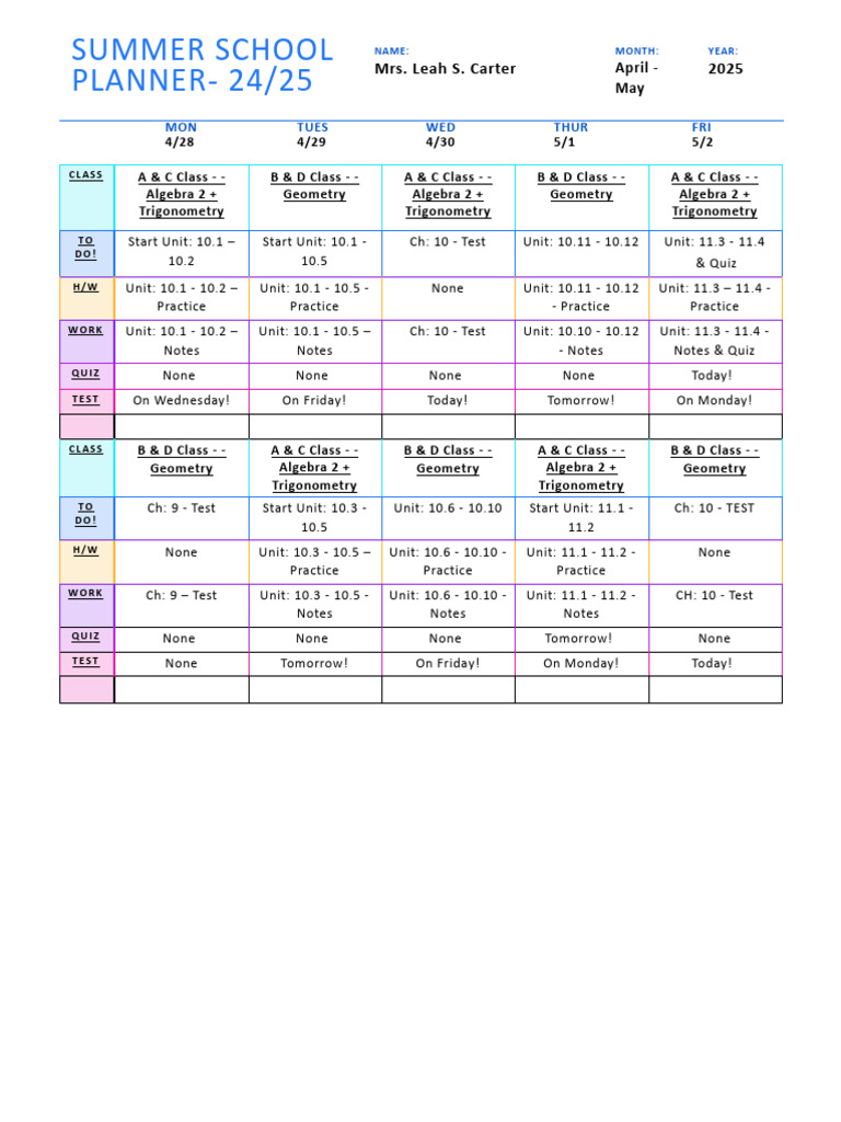 Week - 9 Summer School Planner (April-28th-Thru May-2nd) | PDF ...