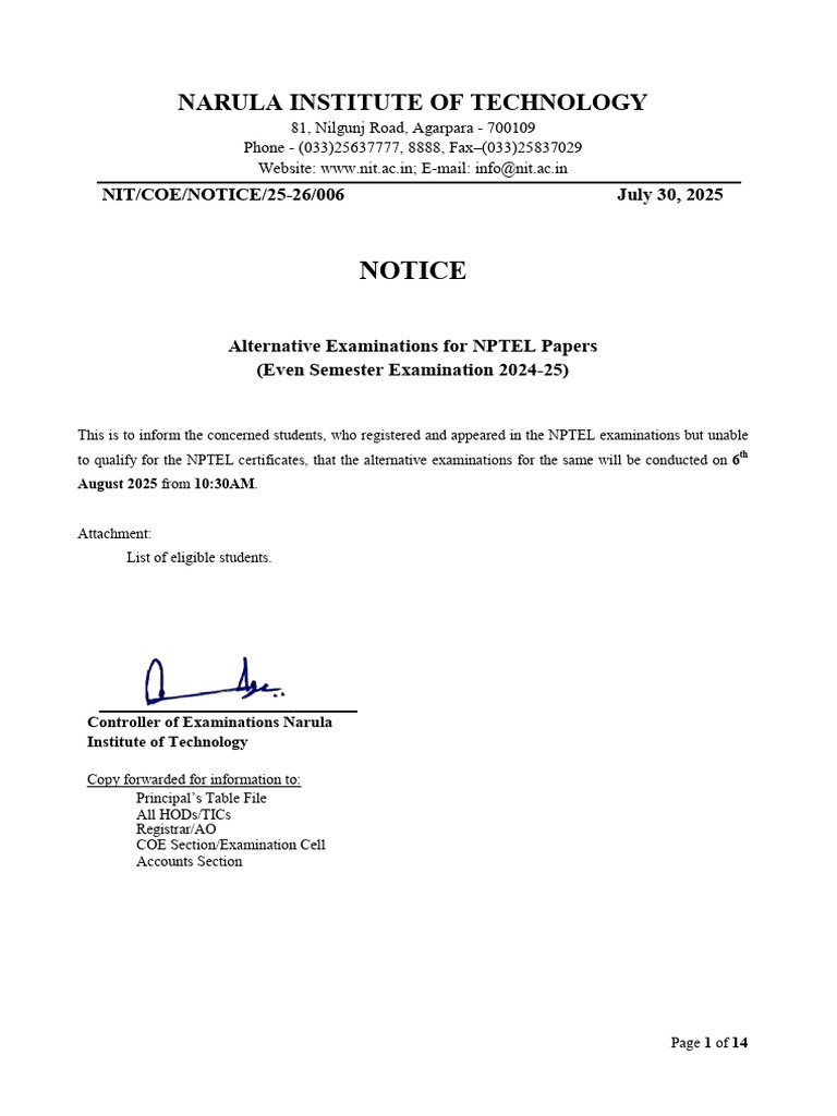 NPTEL Alternative Exams Notice 2025 | PDF | Science Education | Career ...