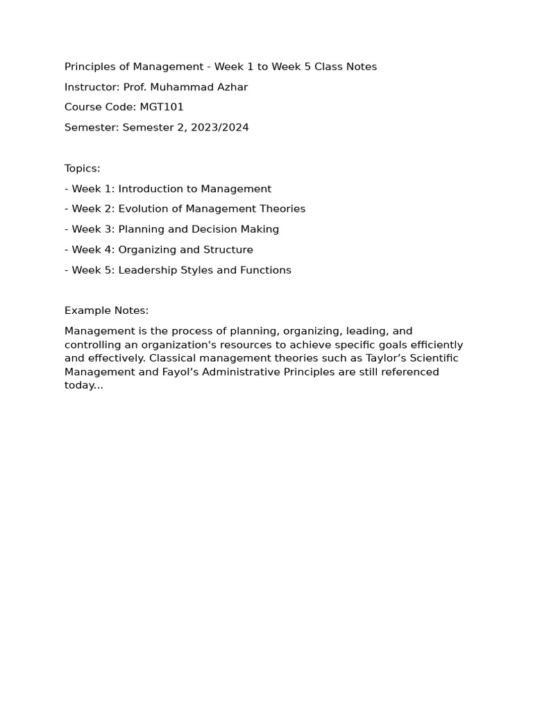 MGT101 Management Principles Notes | PDF