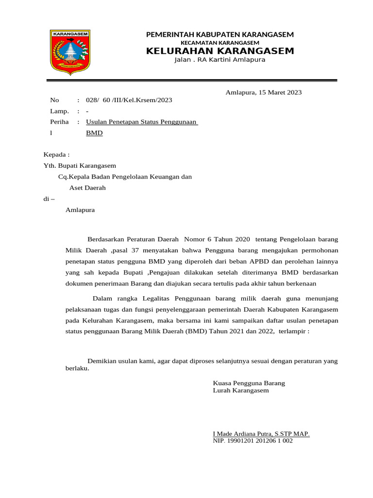 Usulan Status Penggunaan BMD Karangasem | PDF