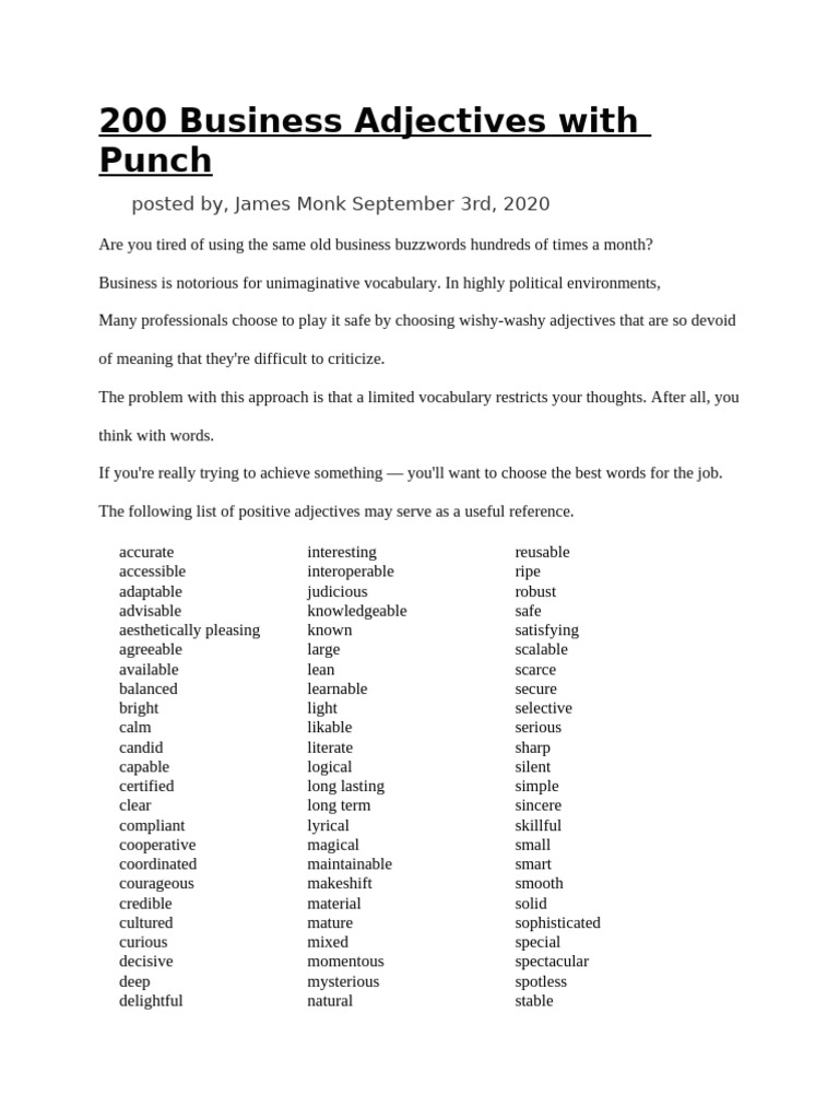 200 Business Adjectives With Punch | PDF