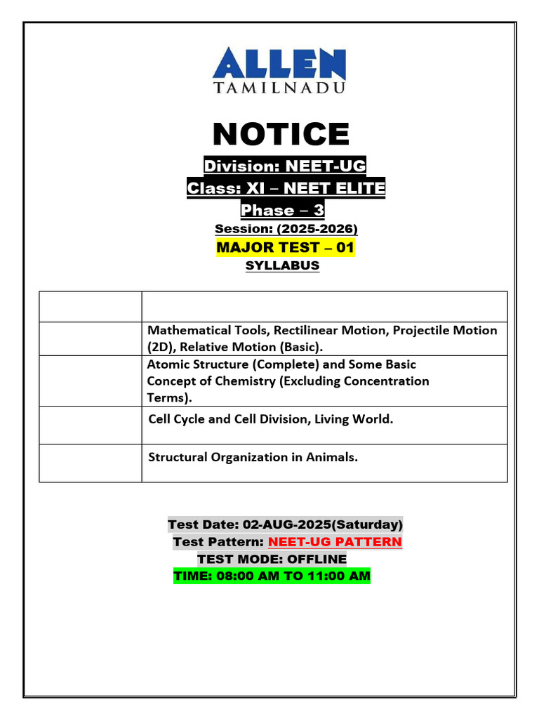 TAMILNADU - CLASS-11 - ELITE - NEET - (PHASE-3) - MAJOR - TEST-01 - 02 ...
