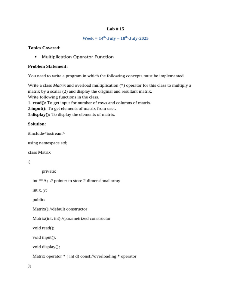 Matrix Multiplication Operator Overloading | PDF | Matrix (Mathematics ...