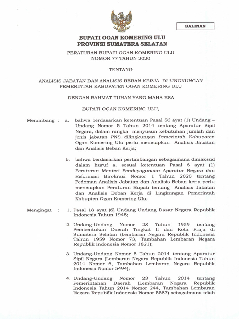 Perbup No. 77 Tahun 2020 Analisis Jabatan (Anjab) | PDF