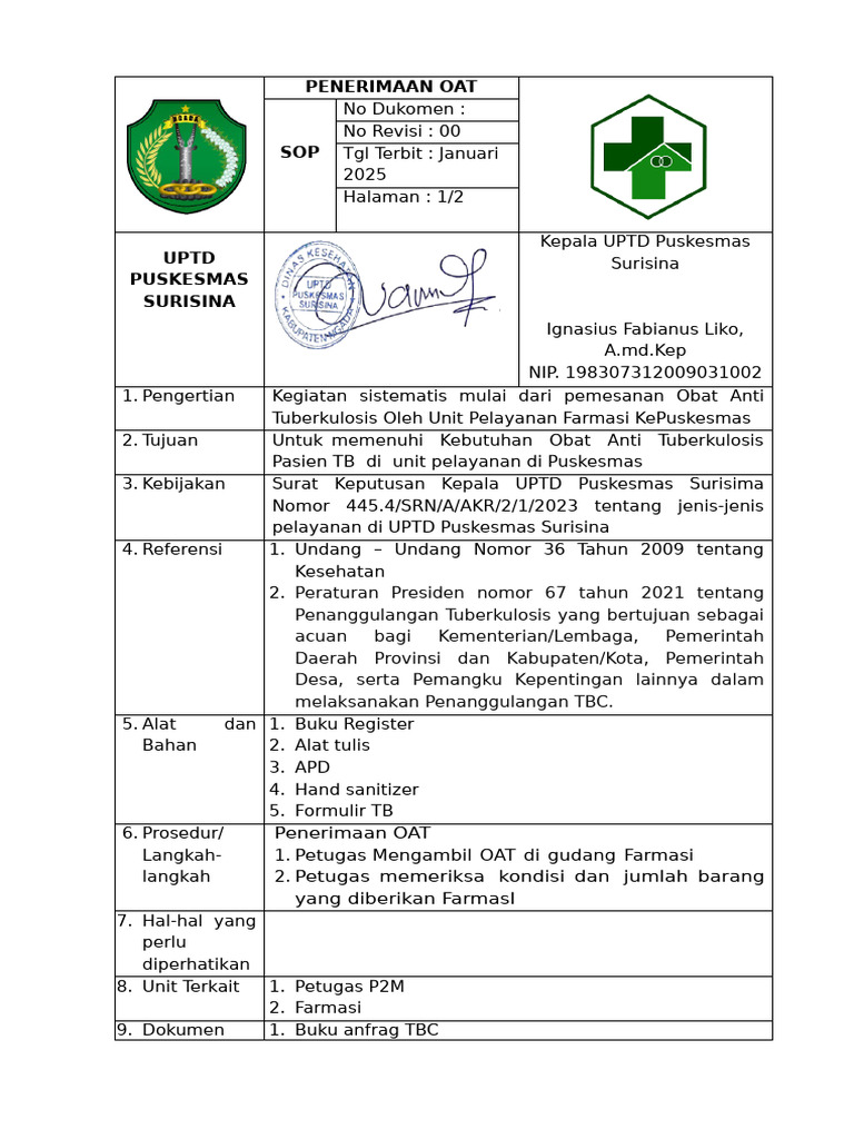 SOP Penerimaan Obat Anti Tuberkulosis | PDF
