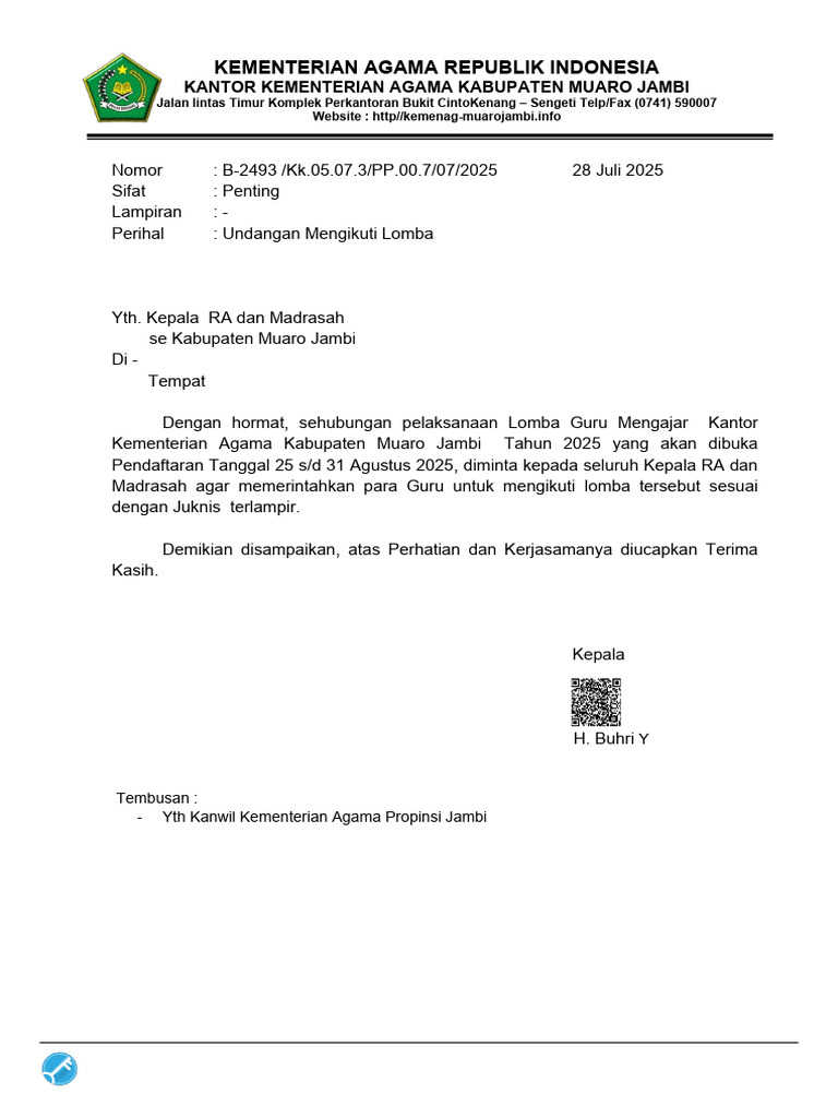 Undangan Mengikuti Lomba Guru Mengajar Kankemenag Kab Muaro Jambi 2025 Tte | PDF