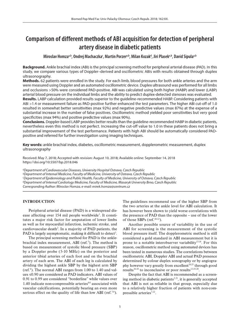 ABI Methods for Diabetic PAD Detection | PDF | Sensitivity And ...