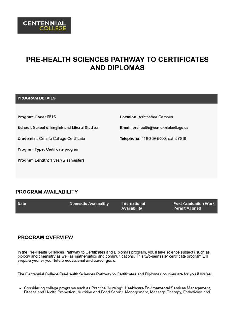 Pre Health Sciences Pathway To Certificates and Diplomas Centennial ...