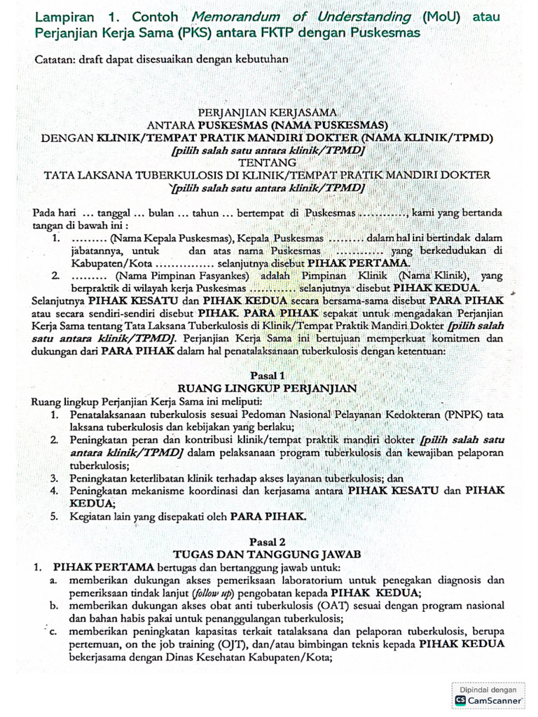Contoh MoU PKM Dengan Klinik Atau TPMD | PDF