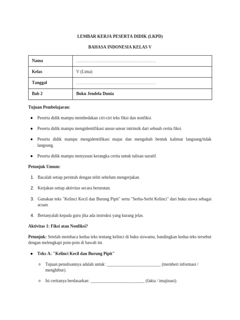 LKPD B Indo 5 Bab 2 | PDF