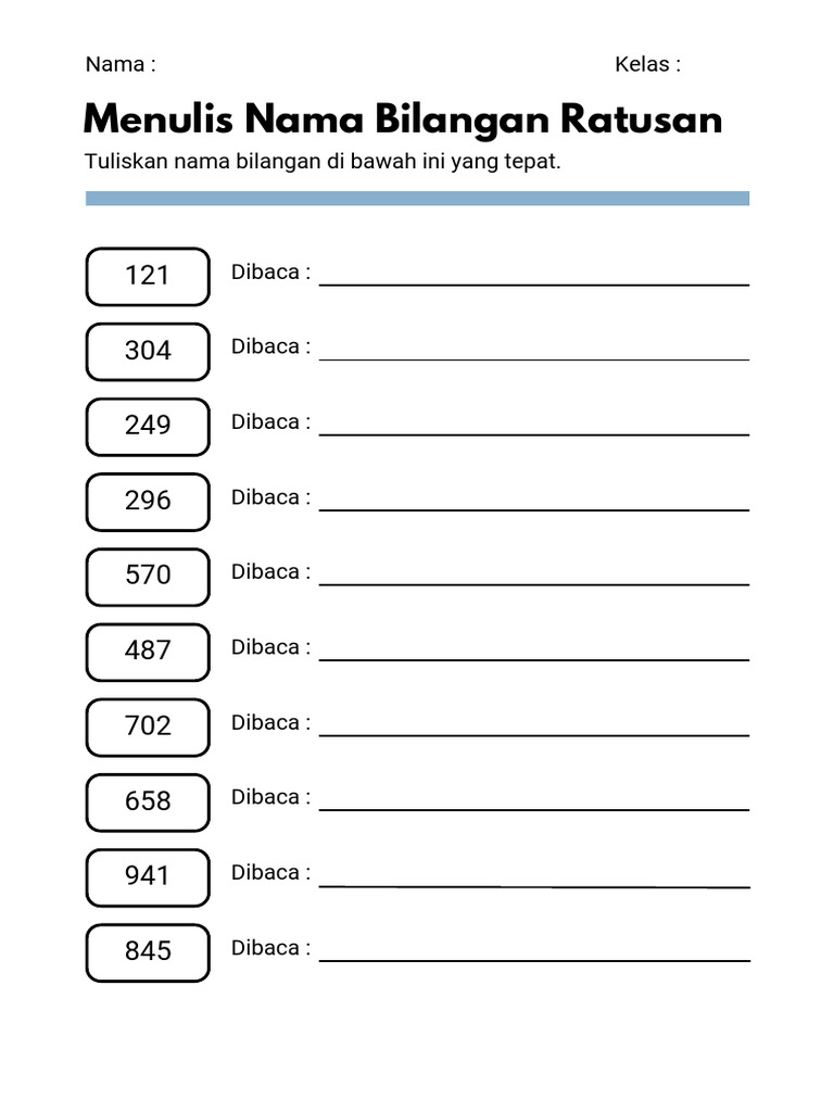 Menulis Nama Bilangan Ratusan Lembar Kerja Putih Sederharna | PDF