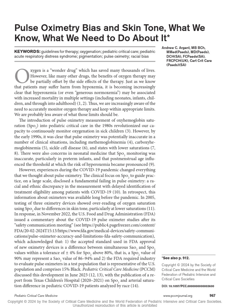 Pulse Oximetry Bias and Skin Tone, What We Know, What We Need To Do ...
