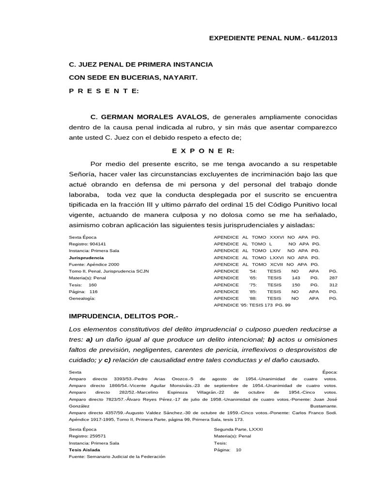 Escrito Argumentando Legitima Defensa | PDF | Causalidad (Ley) | Justicia penal