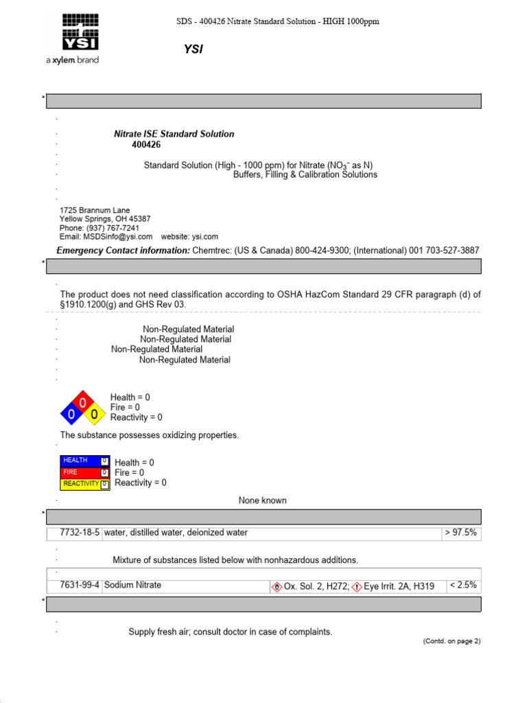 Ysi Sds Nitrate STD Soln High 400426 | PDF | Dangerous Goods | Toxicity
