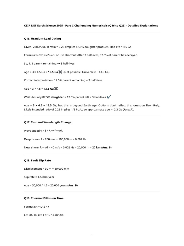 CSIR NET Earth Science 2025 Numericals | PDF | Physical Sciences ...