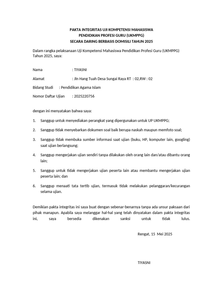 Pakta Integritas Uji Kompetensi Mahasiswa Tiyasni | PDF