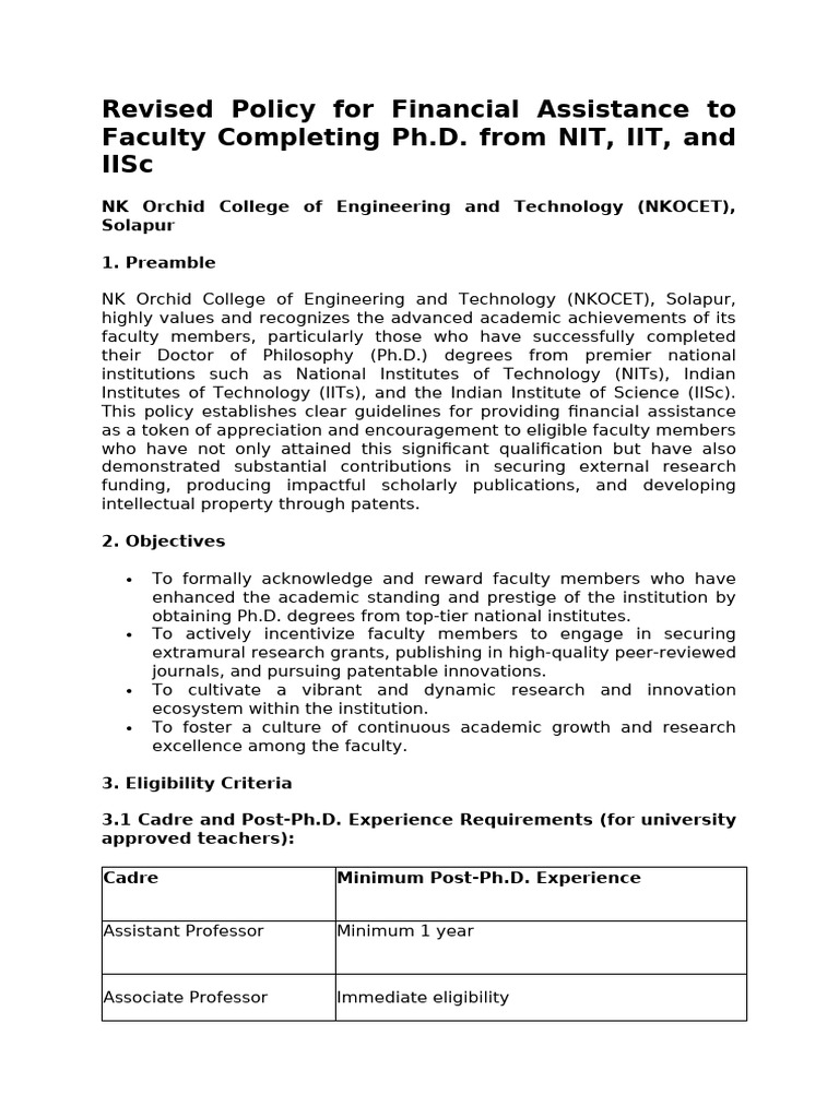 Revised Policy For Financial Assistance To Faculty Completing PHD | PDF ...