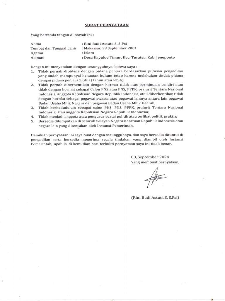 Surat Pernyataan Rini | PDF