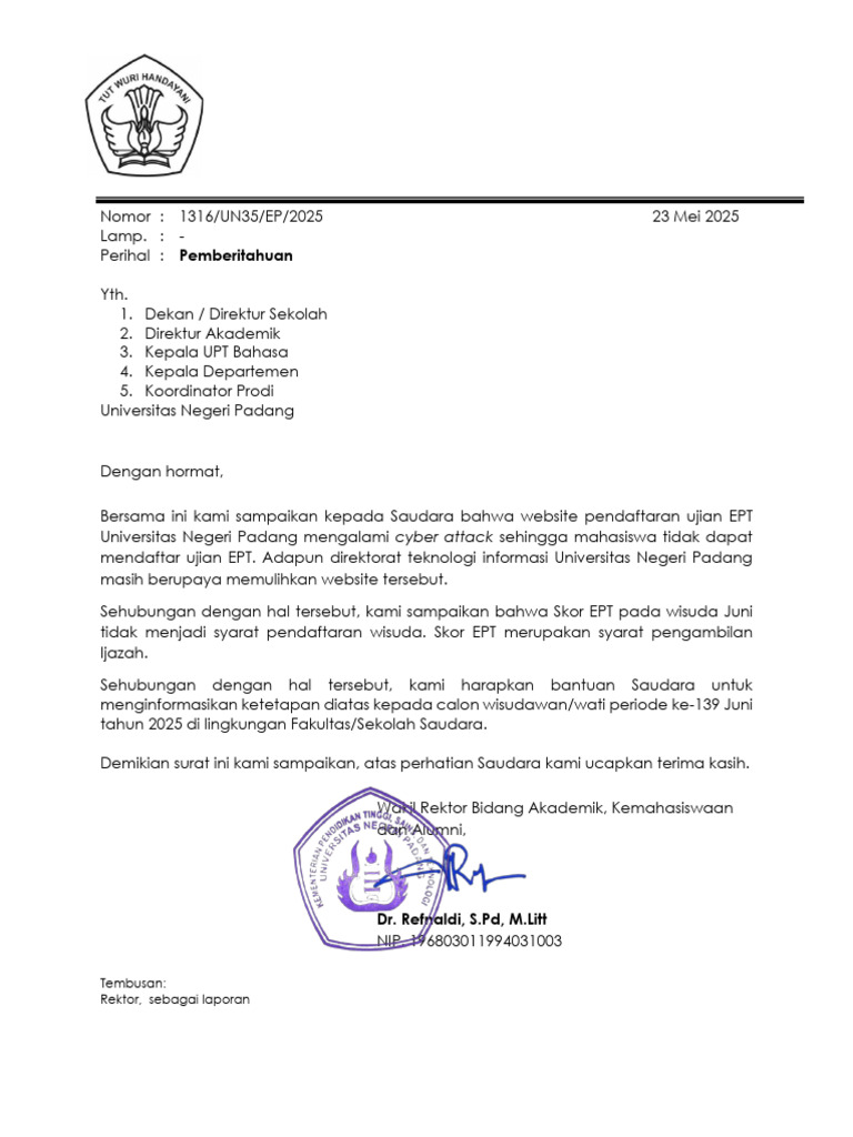 Pemberitahuan Skor EPT Wisuda 2025 | PDF