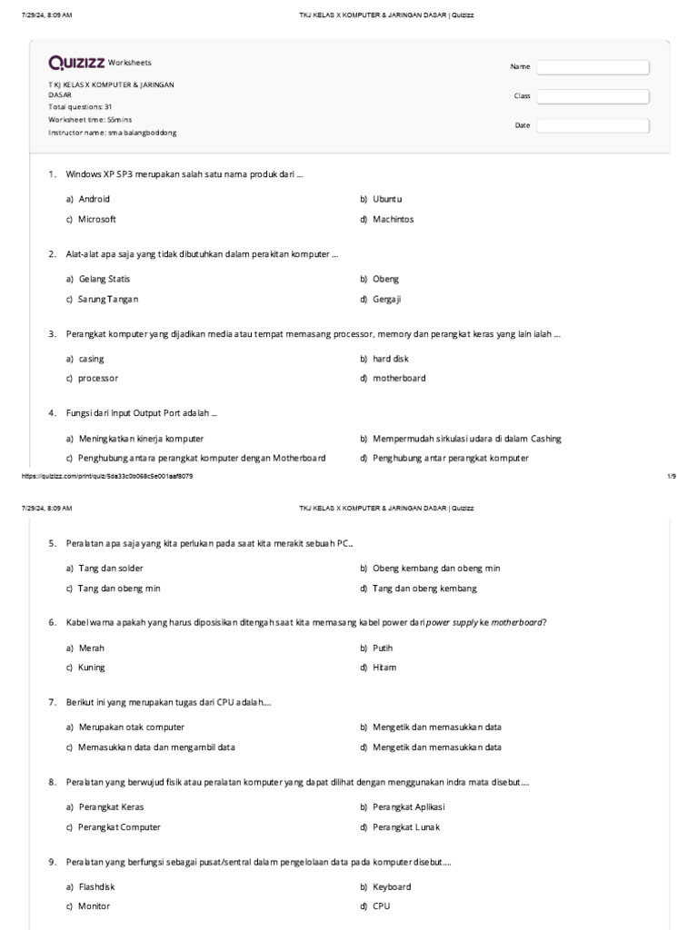 TKJ Kelas X Komputer & Jaringan Dasar - Quizizz | PDF