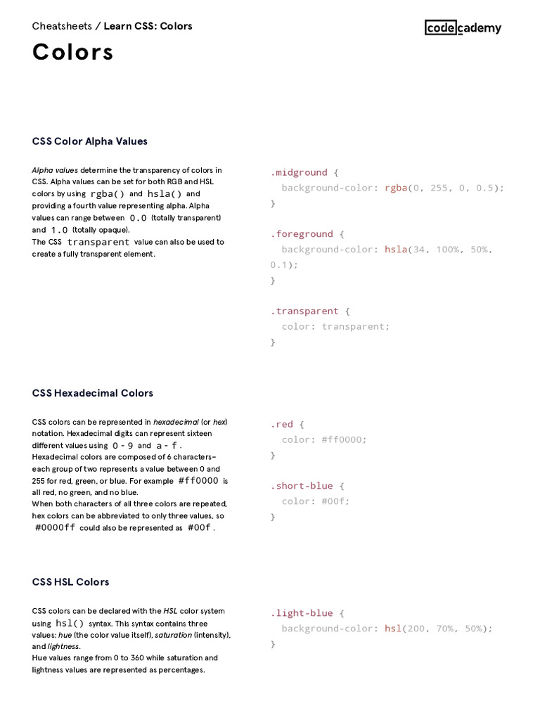Learn CSS - Colors - Colors Cheatsheet - Codecademy | PDF | Color | Light
