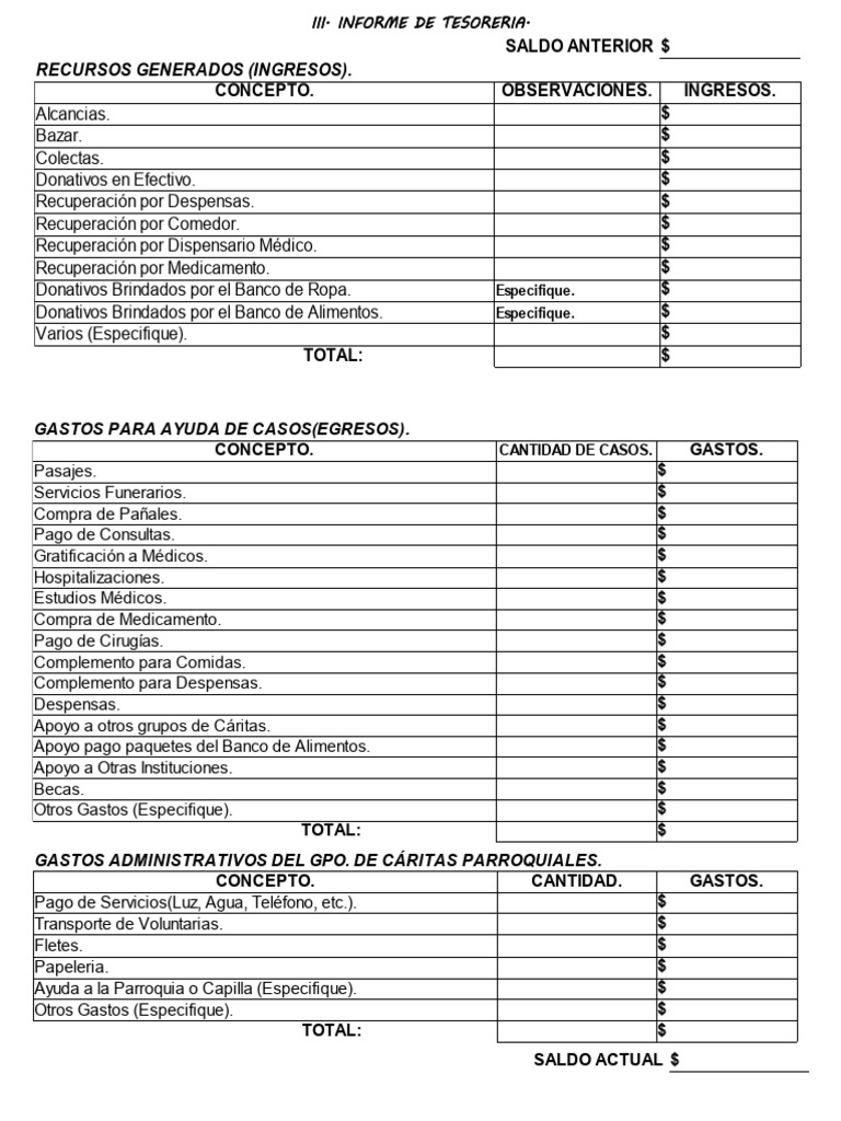 Informe de Tesorería y Gastos Cáritas | PDF