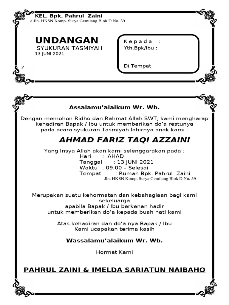 Undangan Syukuran Tasmiyah Ahmad Fariz | PDF