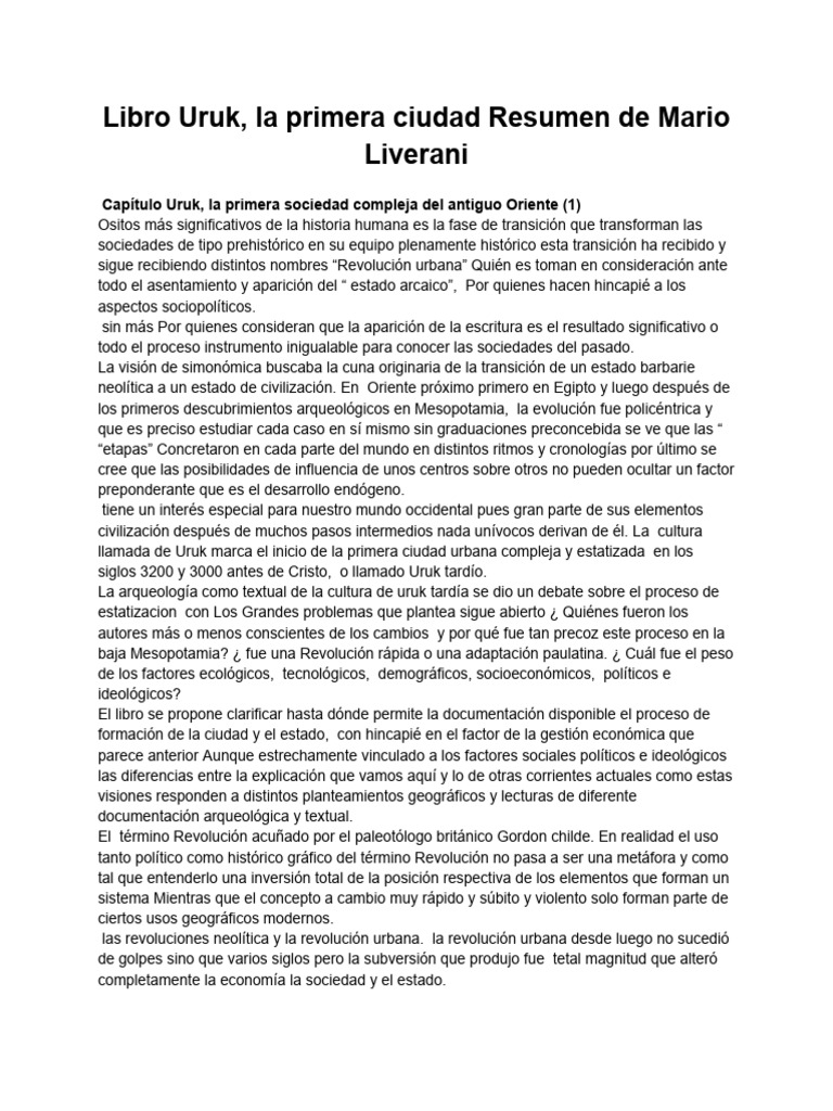 Uruk, La Primera Ciudad Resumen | PDF | Capital (economía) | Mesopotamia