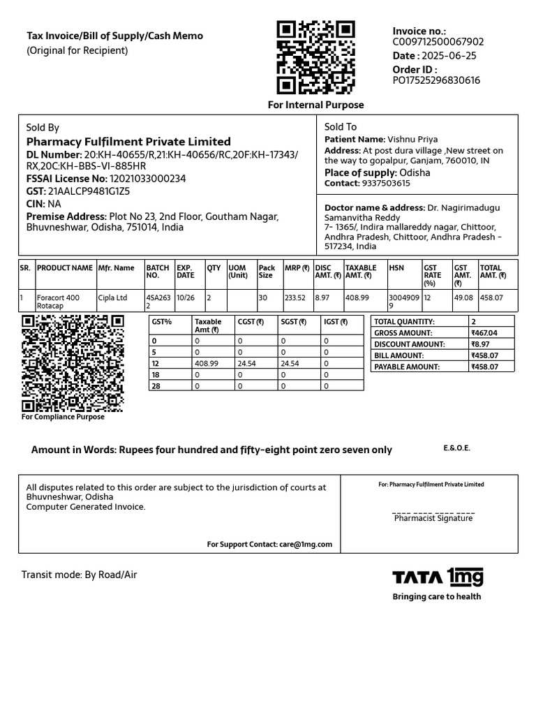 Pharmacy Fulfilment Private Limited: Tax Invoice/Bill of Supply/Cash ...