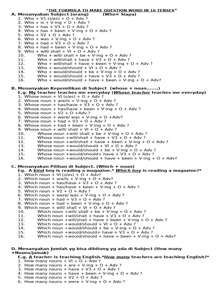 Question Formation in 16 Tenses | PDF | Linguistics | Language Families