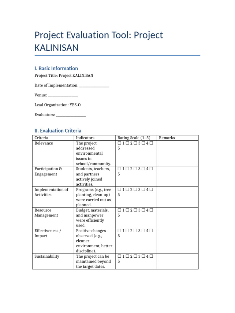 Project KALINISAN Evaluation Tool | PDF