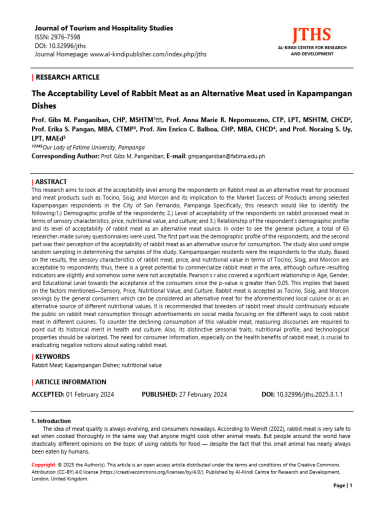 Paper+1+ (2025 3 1) +the+Acceptability+Level+of+Rabbit+Meat+As | PDF ...