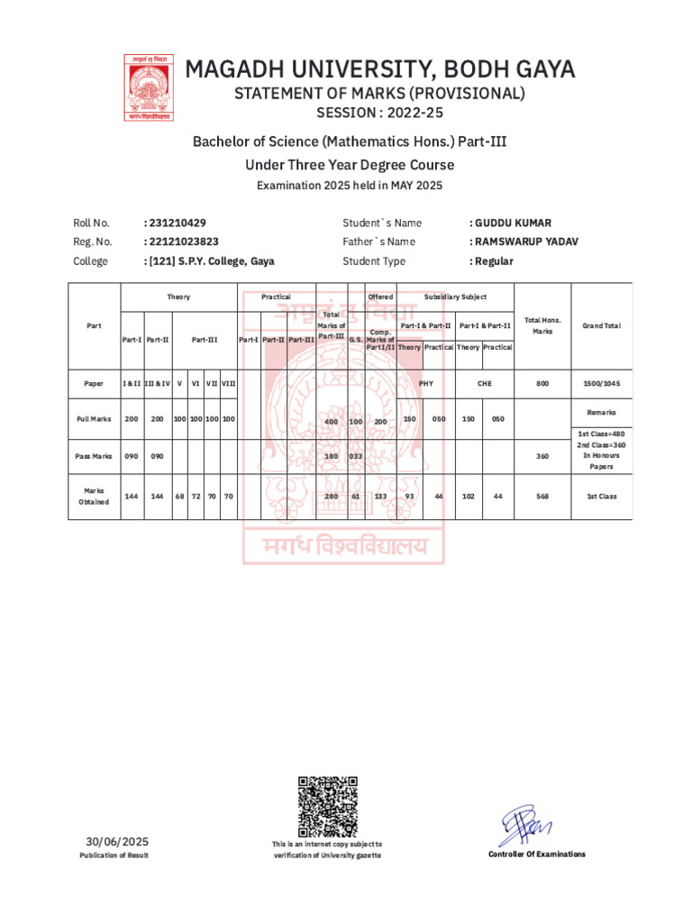 Marksheet - Magadh University, Bodh Gaya | PDF | Academic Degree | Qualifications