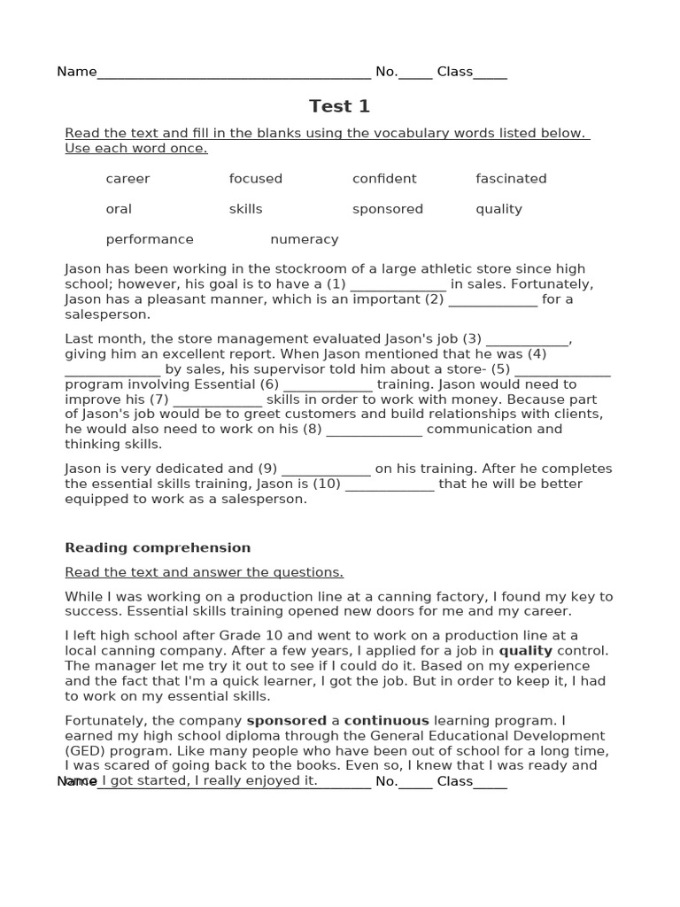 Test 1 Part of Speech and Reading Comprehension | PDF | General ...