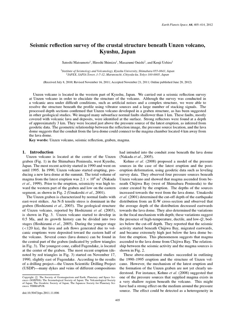 Seismic Survey of Unzen Volcano Structure | PDF | Volcano | Reflection ...