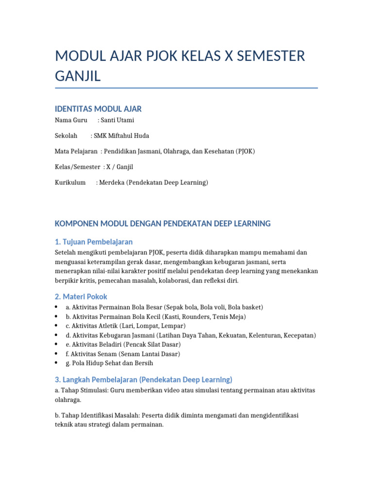 Modul Ajar PJOK Deep Learning Kelas 10 Santi Utami | PDF