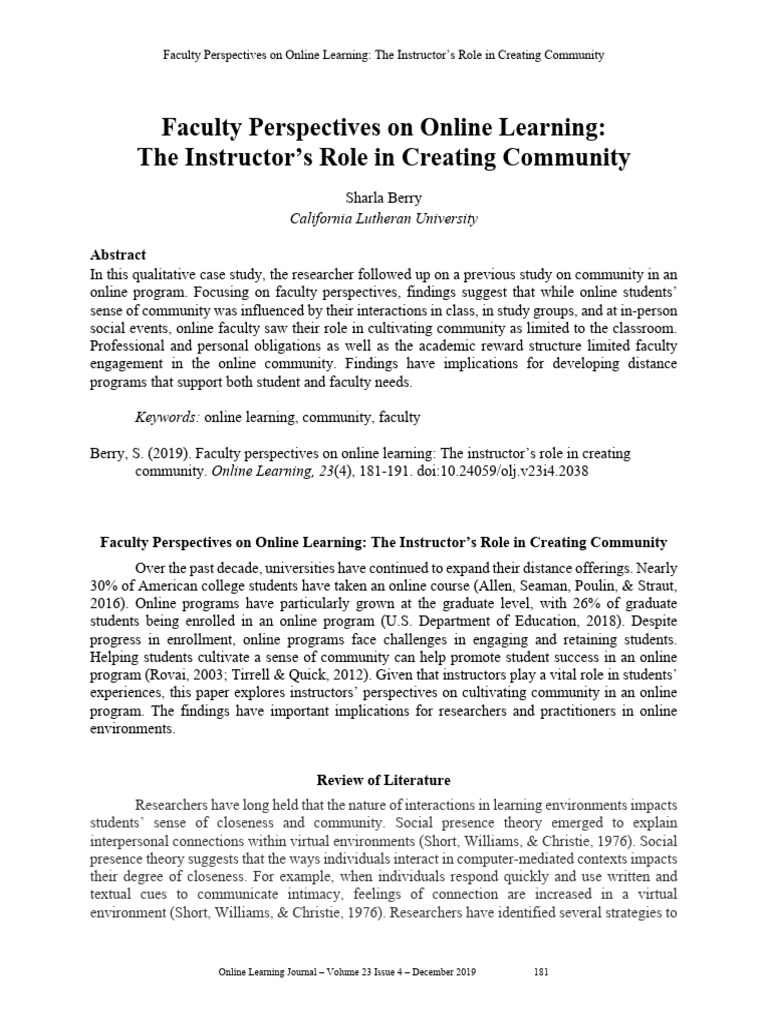 Faculty Perspective On Online Learning, Instructor - S Role in Creating ...
