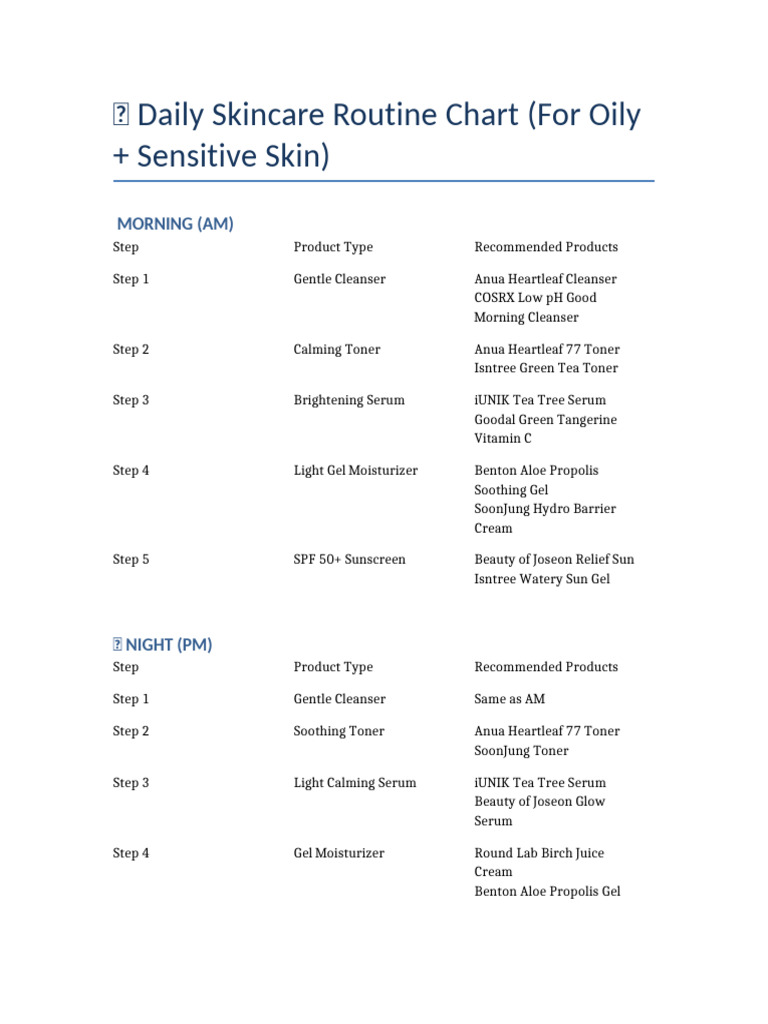 Oily Sensitive Skin Routine Chart | PDF