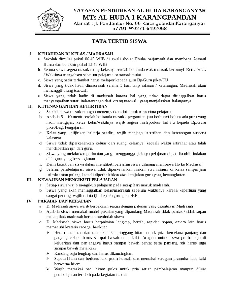 Tata Tertib Siswa MTs Al Huda Karangpandan | PDF
